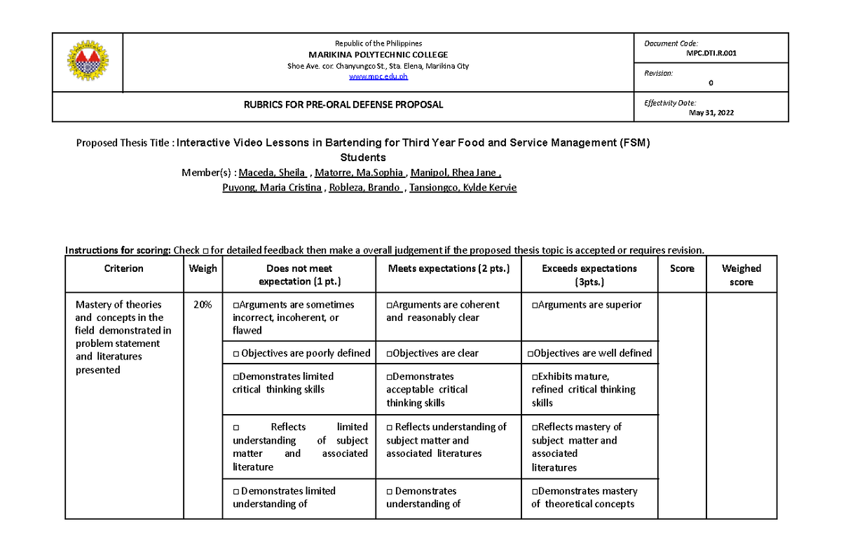PRE-ORAL- Defense-Title-proposal-defense-rubric MPC.DTI.R001 (1 ...