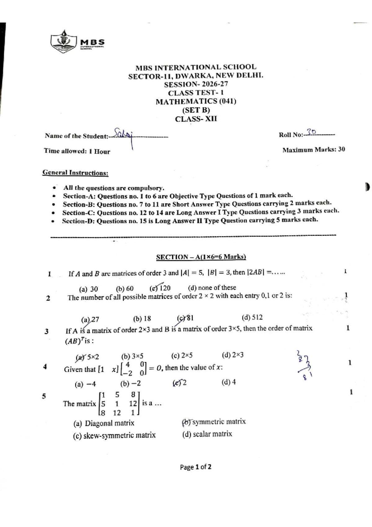 MBS International School Class 1 Math Exam (041) Set B - Sahej Qpxii ...