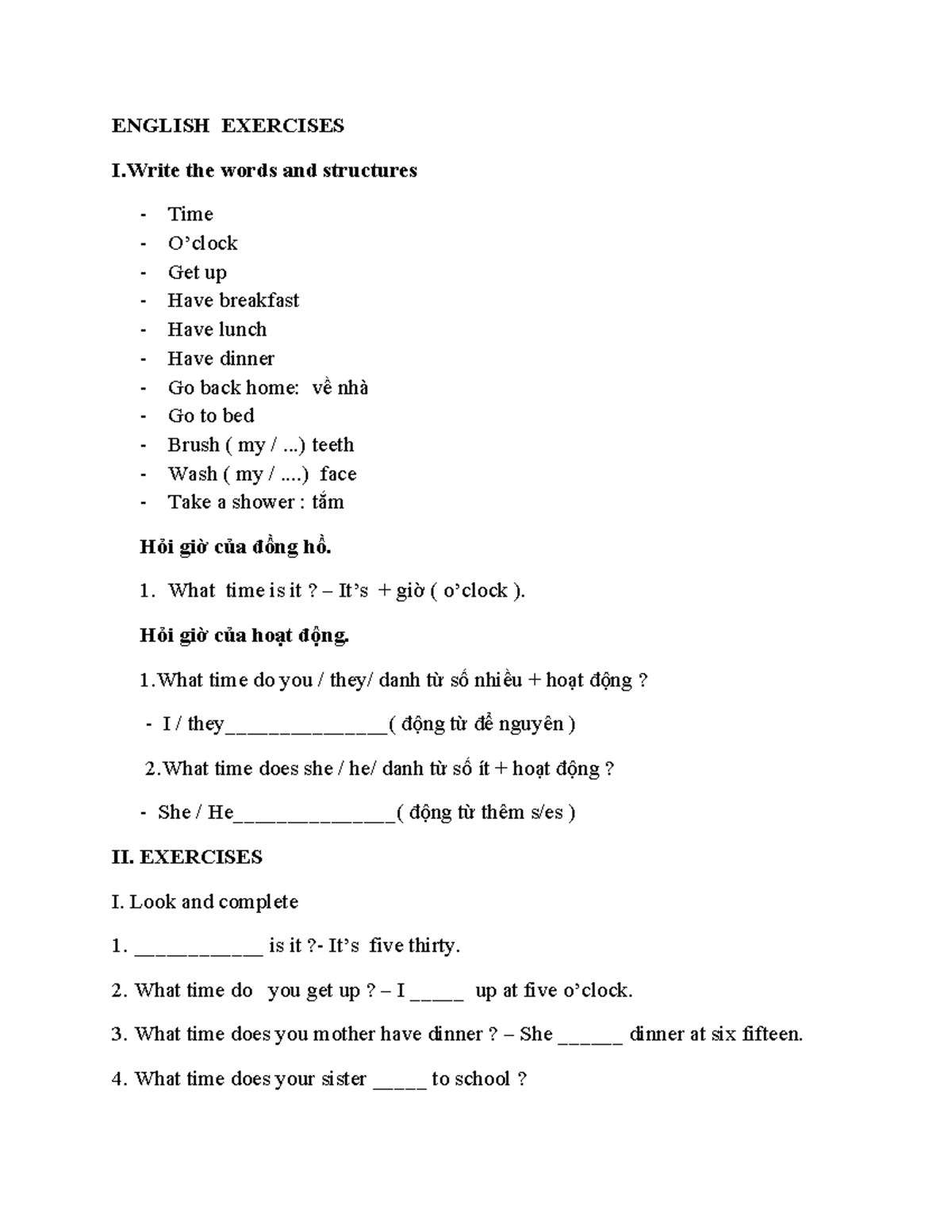 BT TET ANH 4 - Reading Exercises on Time and Daily Routines - Studocu