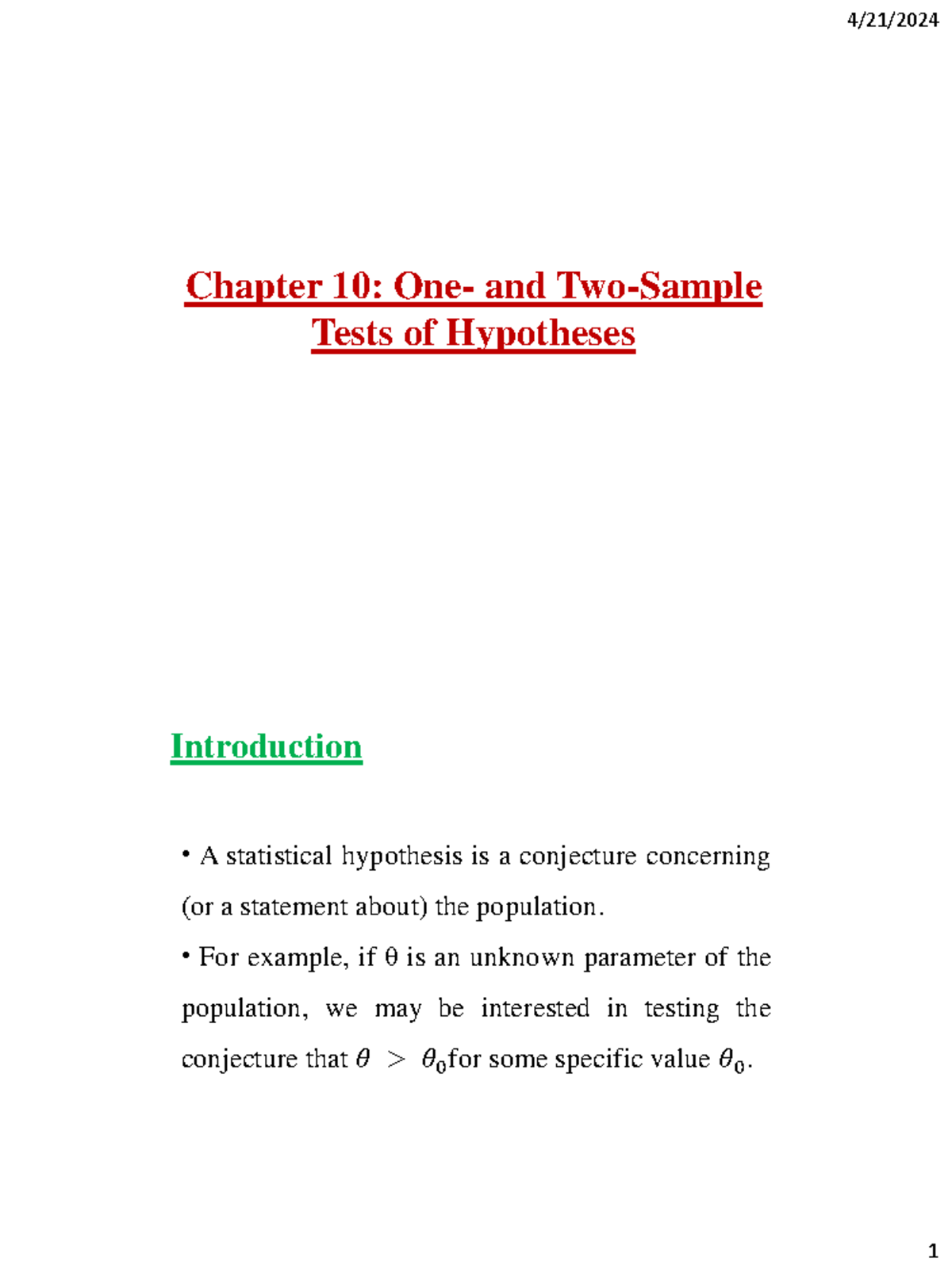 Lecture 10: Hypothesis Testing for One and Two Samples Concepts - Studocu