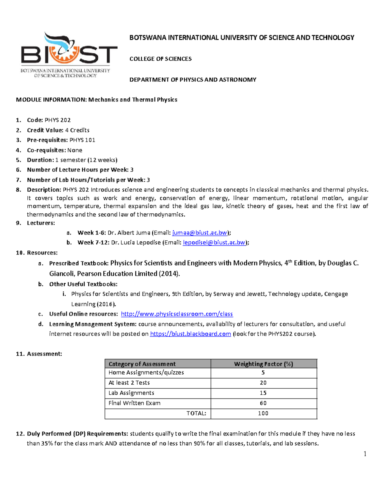 PHYS 202 Year 2 Semester 1 Mechanics & Thermal Physics Guide - Studocu
