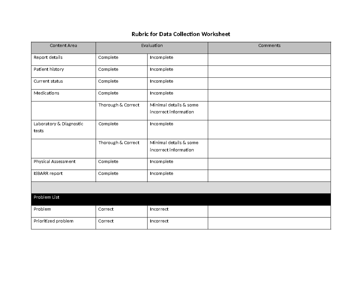 Rubric for Data Collection Worksheet - Rubric for Data Collection ...