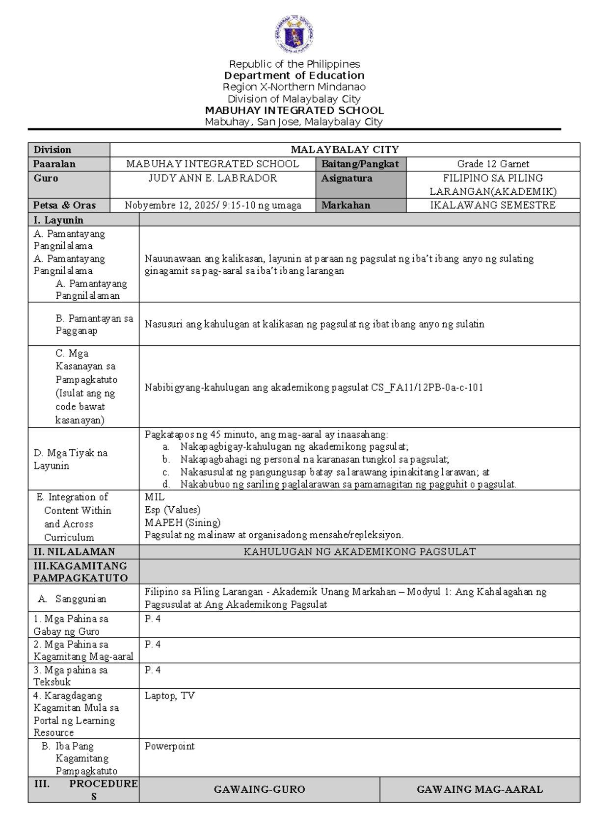 Grade 12 Garnet Filipino Lesson Plan: Pagsulat ng Akademikong Sulatin ...