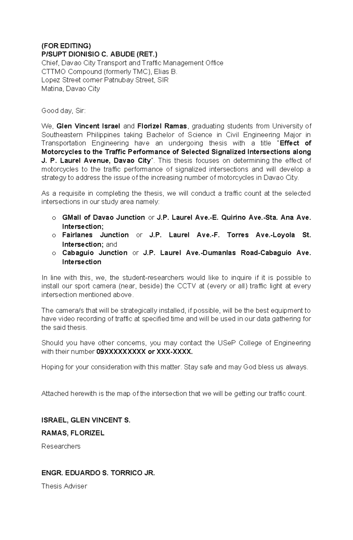Letter to CTTMO Regarding Thesis Research on Traffic Performance - Studocu