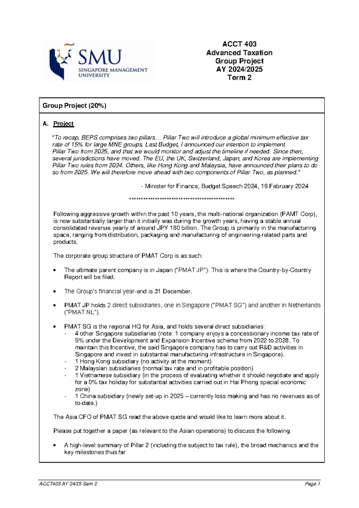 ACCT 403 Advanced Taxation Group Project A: Pillar Two Overview and ...