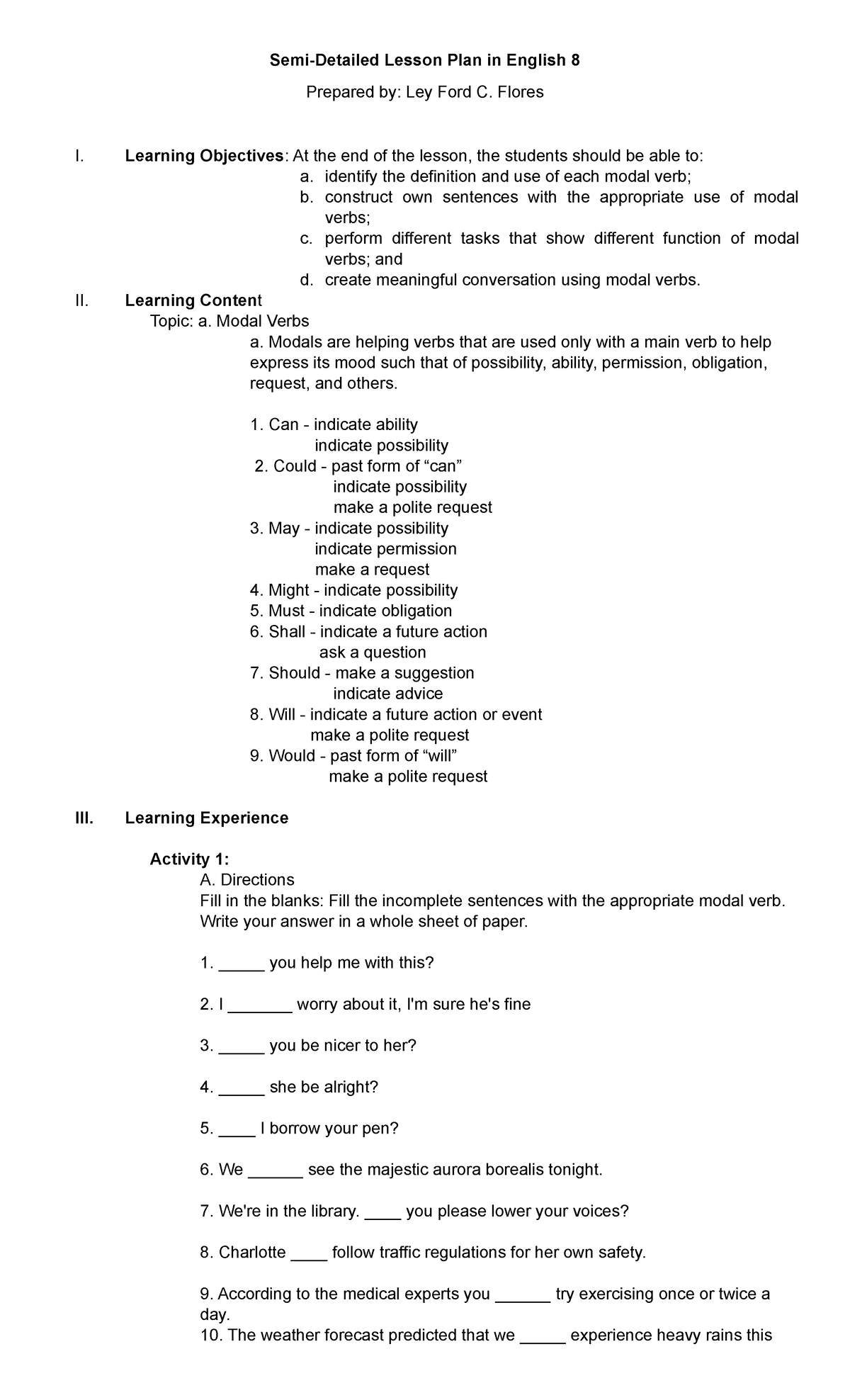 Lesson Plan in Grade 8 - Semi-Detailed Lesson Plan in English 8 ...