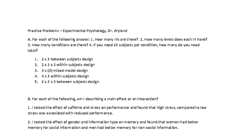 Practice Problems for Exam 3 in Experimental Psychology - Studocu