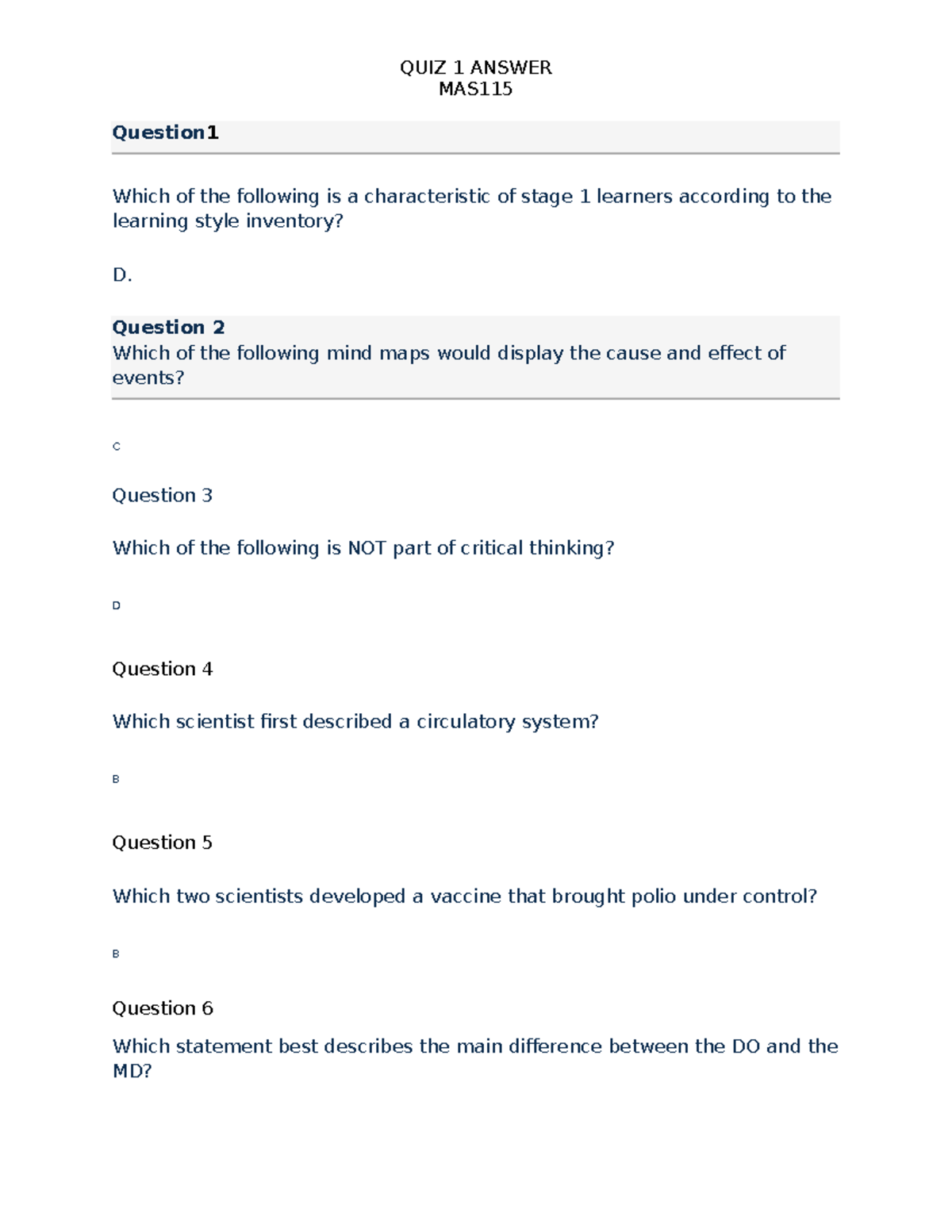 MAS 1 Quiz Answers - Key Responses for Quiz 1 - Studocu