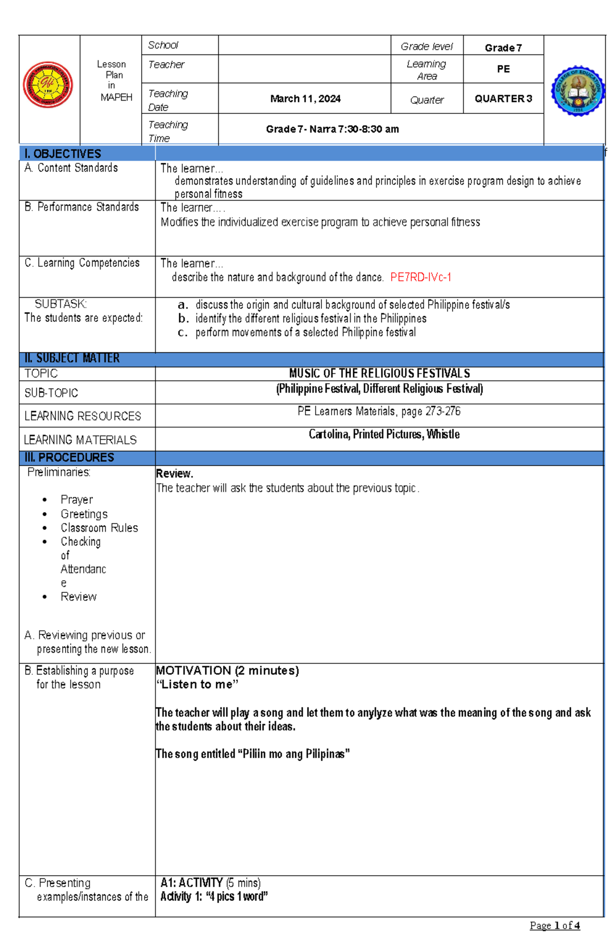 PE7 -Lesson-Plan Festival - Lesson Plan in MAPEH School Grade level ...