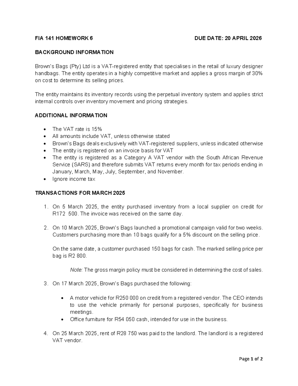 FIA 141 Homework 6: Inventory Management & VAT Transactions Analysis ...