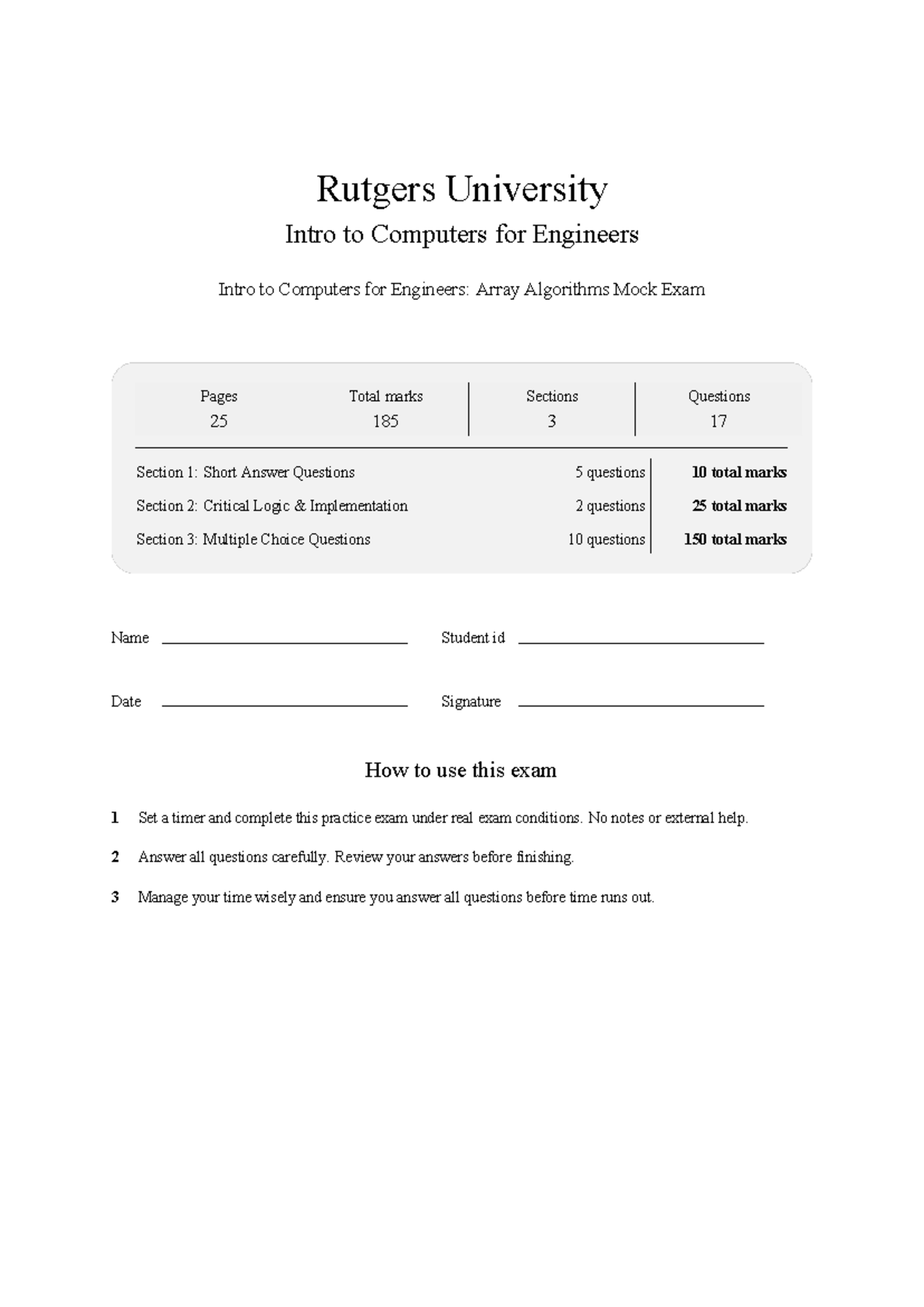 14:440:127 Intro to Computers for Engineers Array Algorithms Mock Exam ...