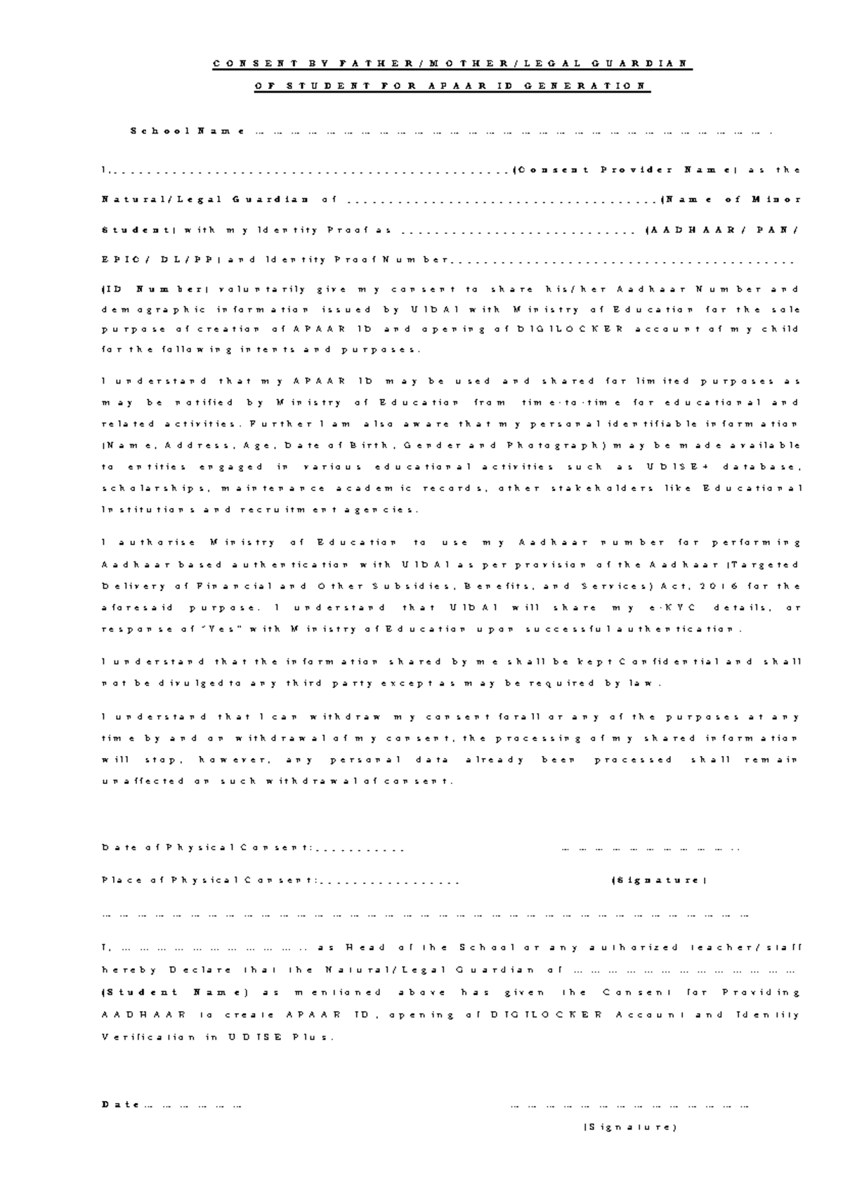 Consent Form for APAAR ID Generation and DIGILOCKER Account - Studocu