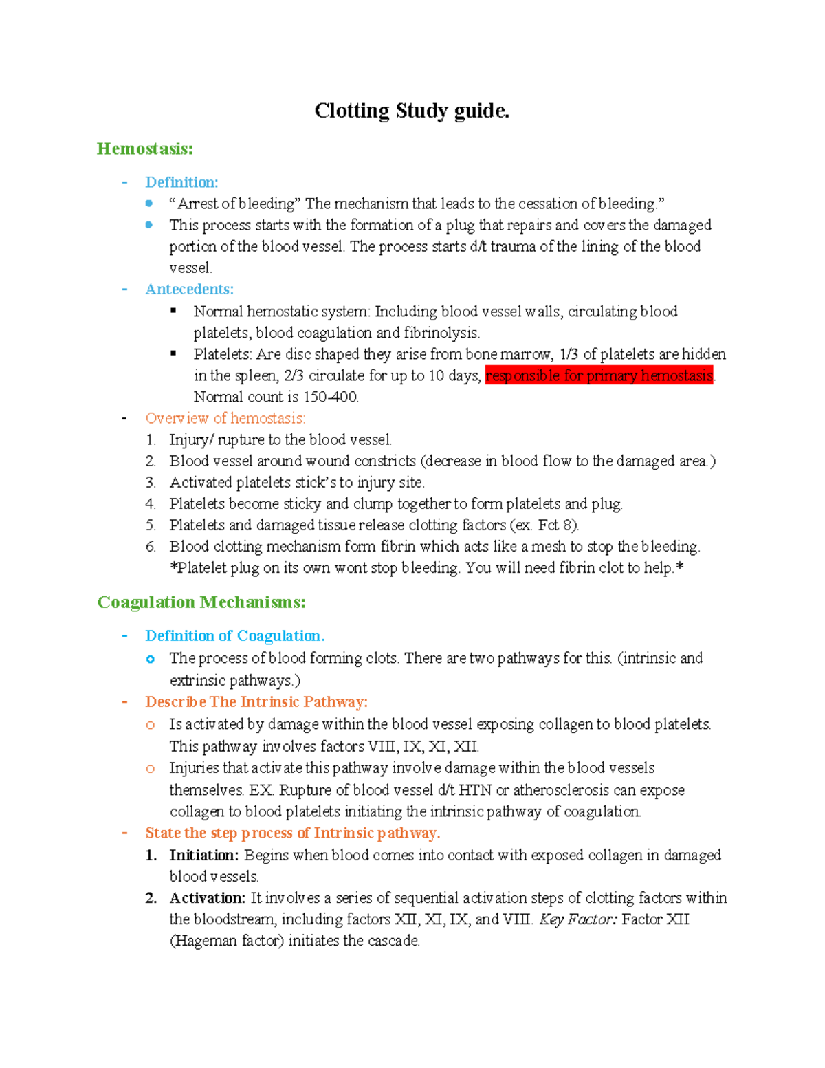 Clotting Study Guide: Hemostasis Mechanisms and Disorders - Studocu