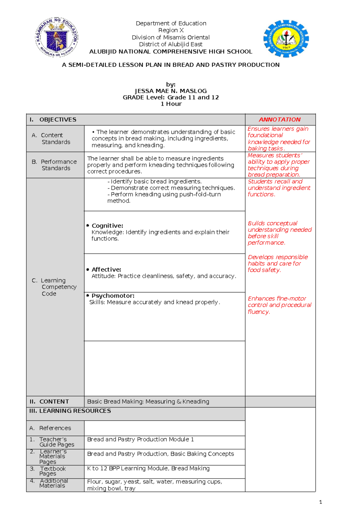 Lesson Plan in Bread and Pastry Production (STAR SEMI DLP SHS) - Studocu