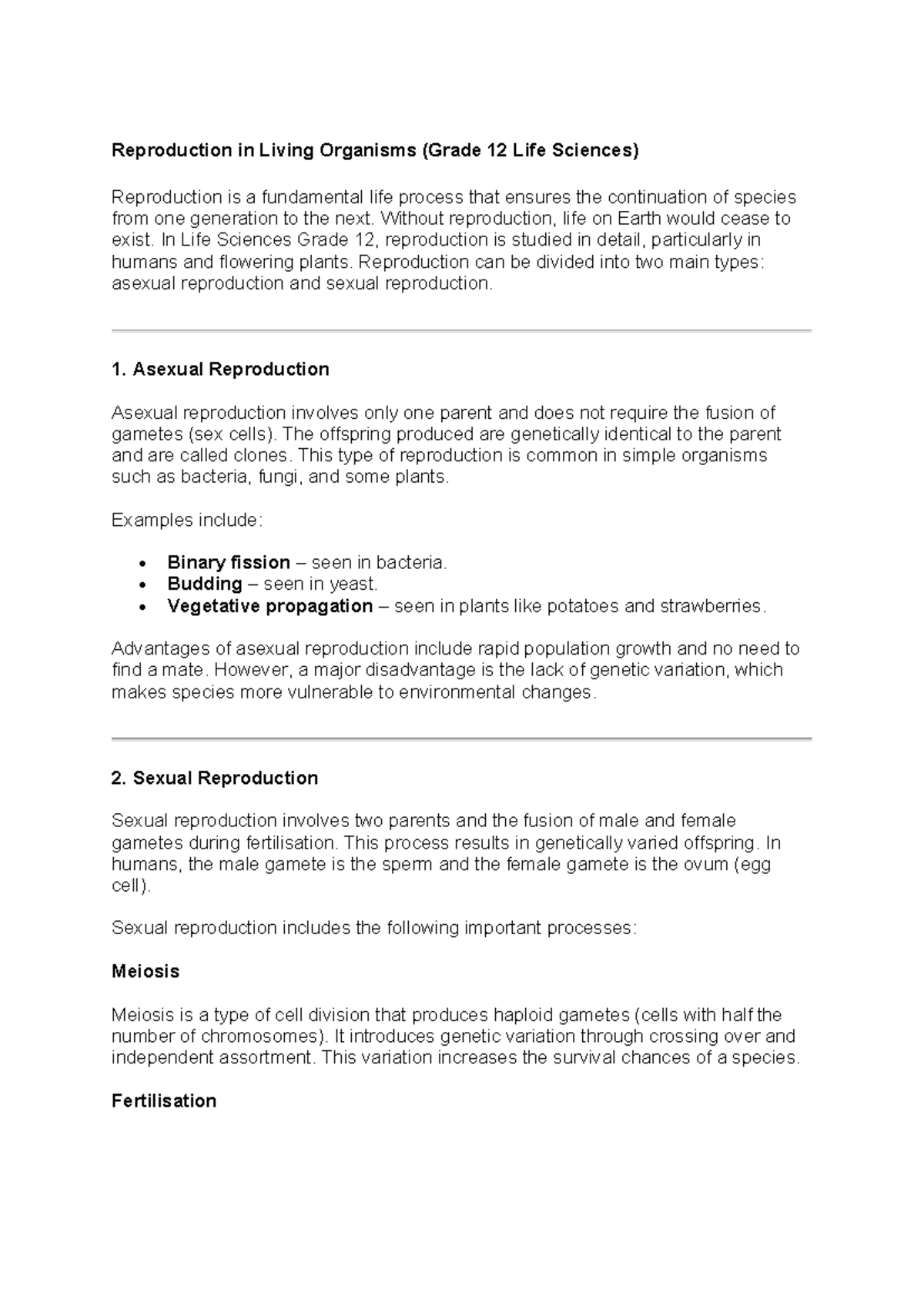Grade 12 Life Sciences: Reproduction in Living Organisms Overview - Studocu