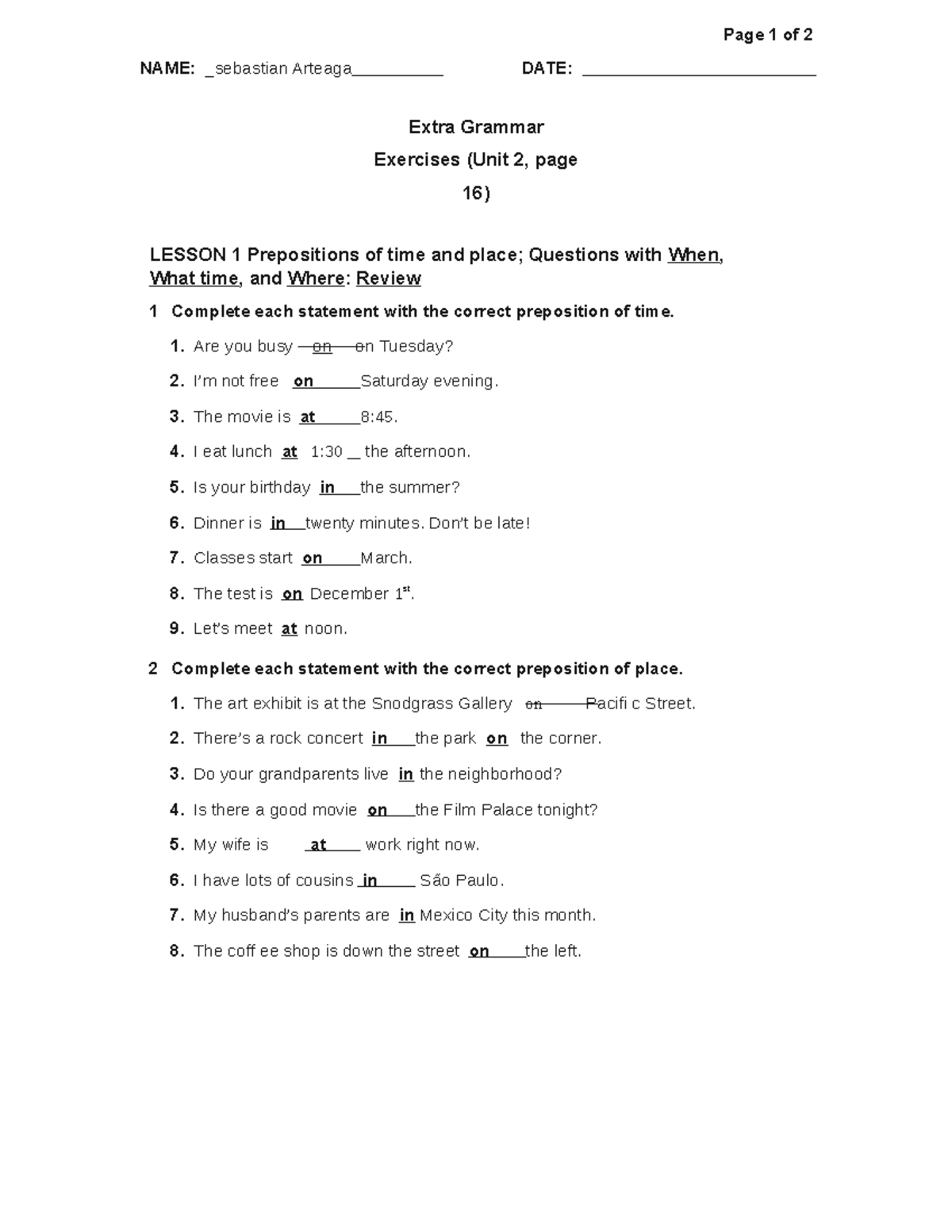 Ingles - Extra Grammar Exercises for Unit 2, Lesson 1 - Studocu