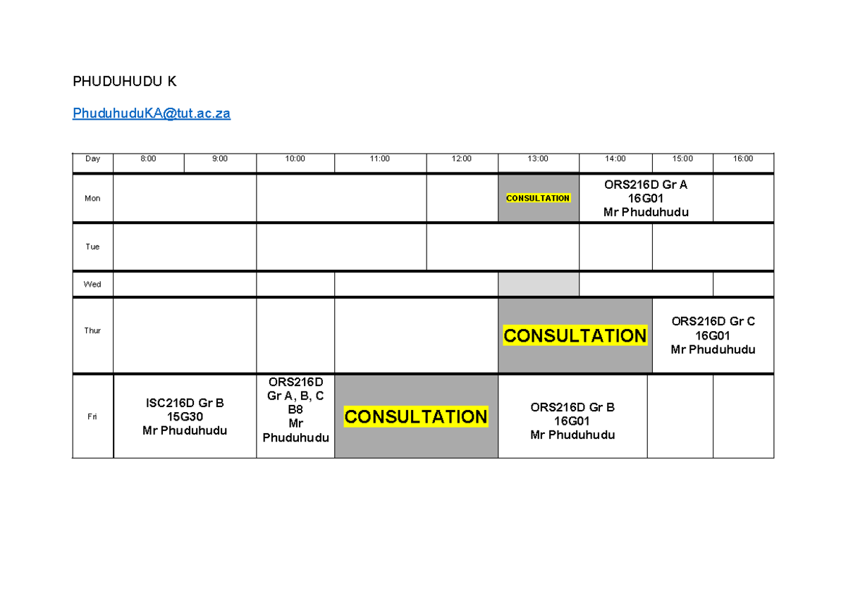 ICT Timetables 2023 S2 V15-KA - DPRSF0 - PHUDUHUDU K PhuduhuduKA@tut.ac ...