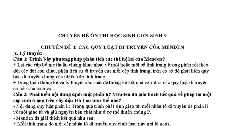 CHUYÊN ĐỀ ÔN THI HỌC SINH GIỎI SINH 9: CÁC QUY LUẬT DI TRUYỀN MENĐEN ...