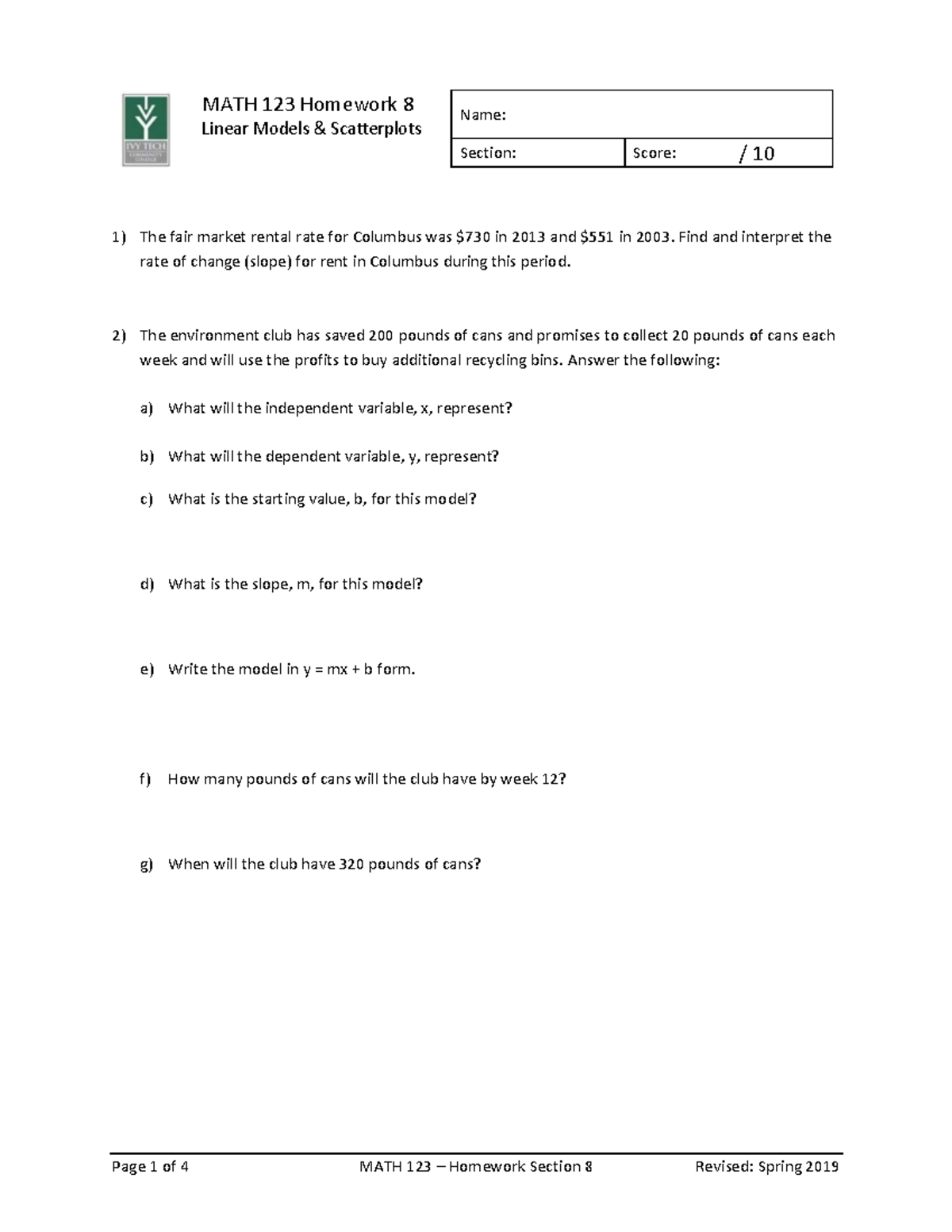 MATH 123 Homework 8: Linear Models & Scatterplots Analysis - Studocu