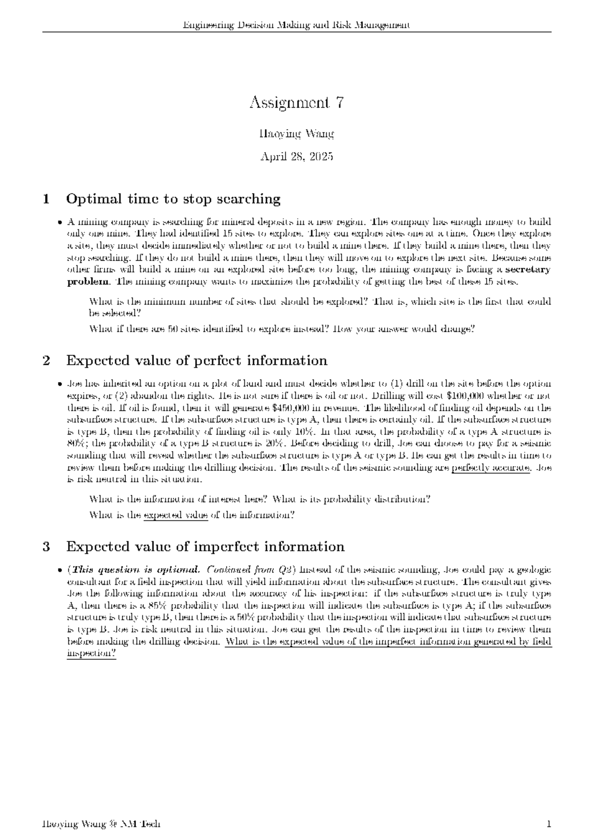 Engineering Decision Making & Risk Management - Assignment 7 Analysis ...