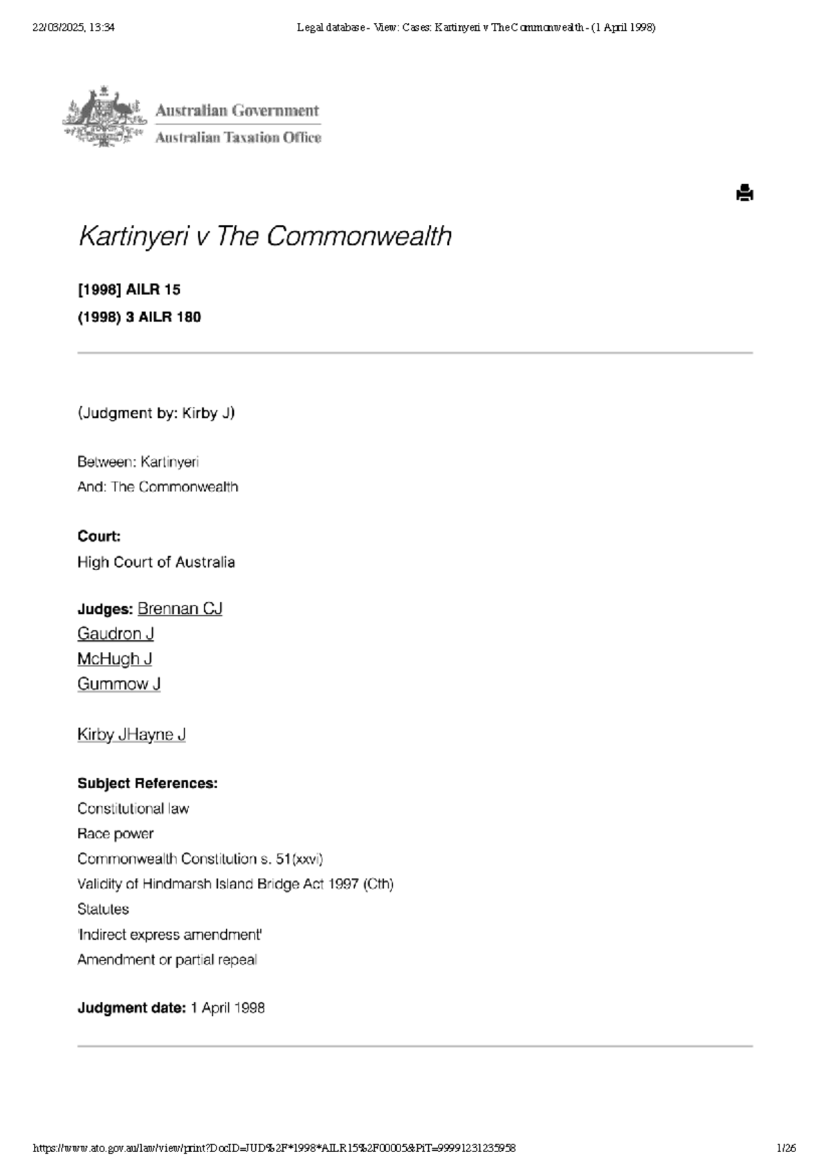 Legal database - View Cases Kartinyeri v The Commonwealth - (1 April ...