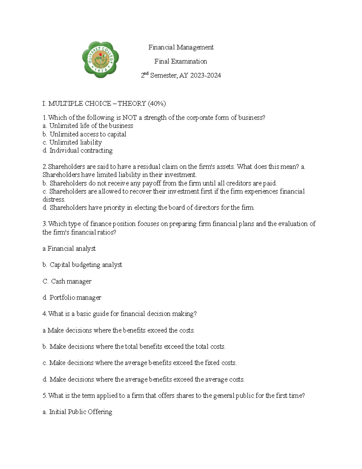 Financial Management Final Exam Questions & Answers - 2nd Sem AY 2023 ...