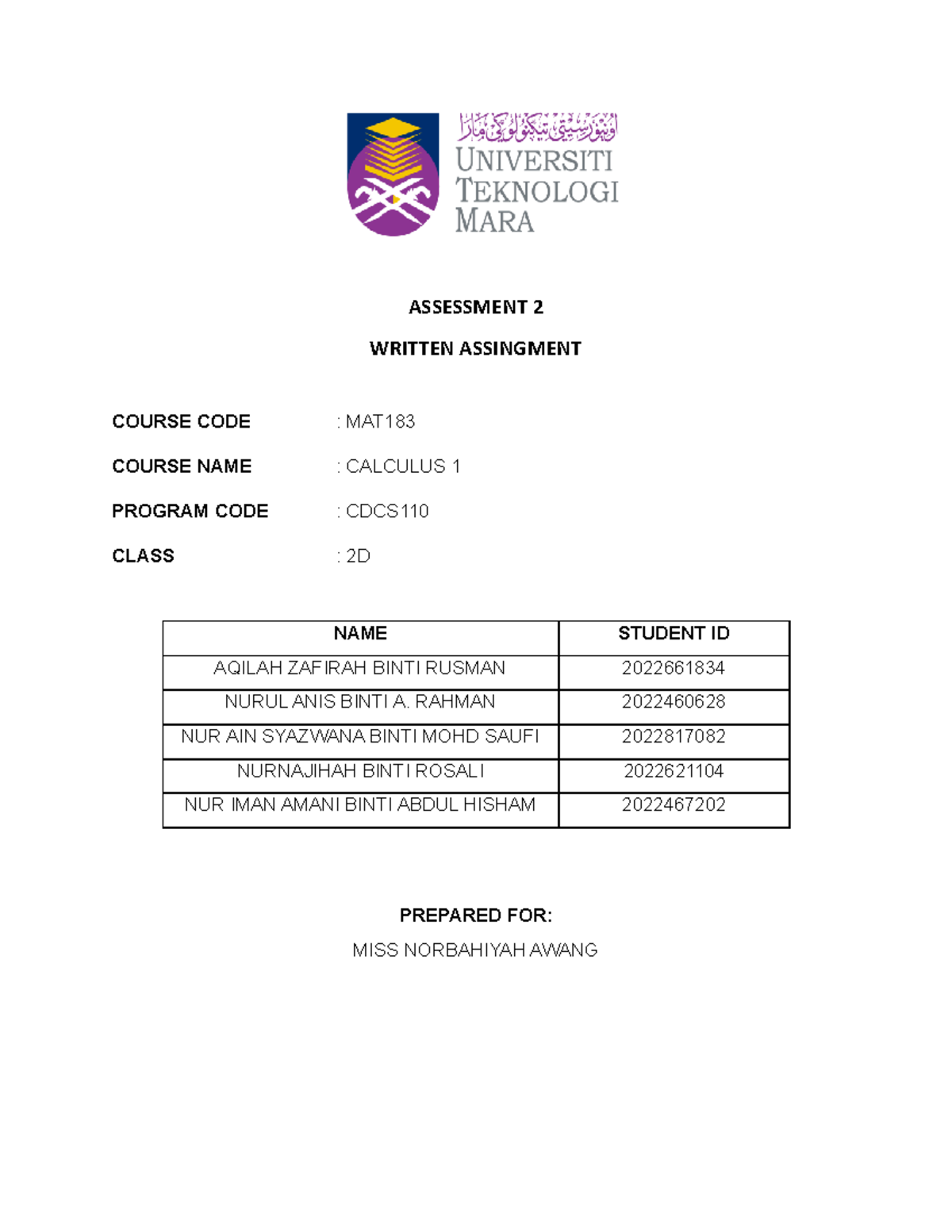 Calculus 1 - Assessment 2 Written Assignment (MAT 2D) - Studocu