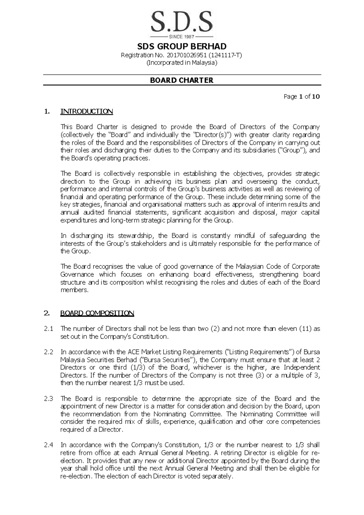 SDS - Board Charter Overview and Responsibilities (27-11-2019) - Studocu