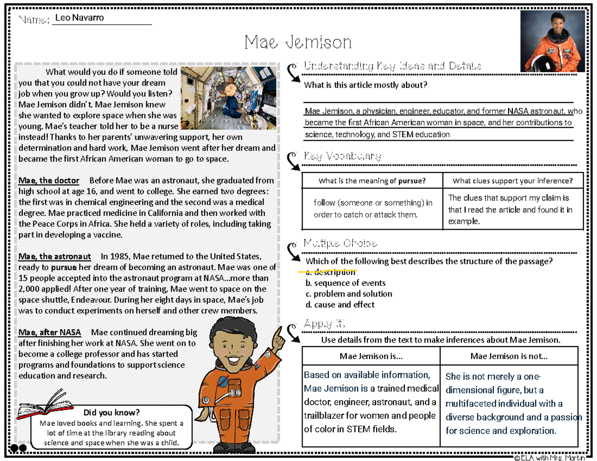 Leo Navarro - mae jemison - Name: ___________________ Mae Jemison What ...