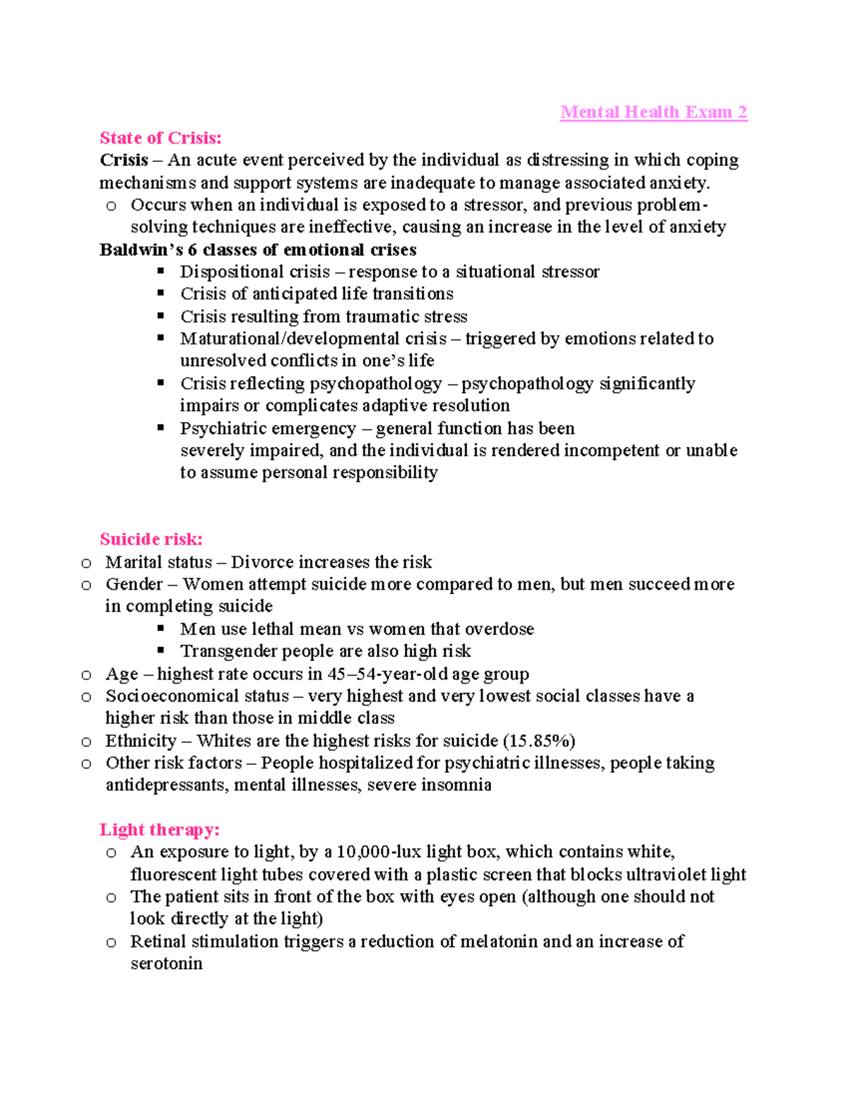 Mental Health Exam 2 Study Guide - Key Concepts and Disorders - Studocu