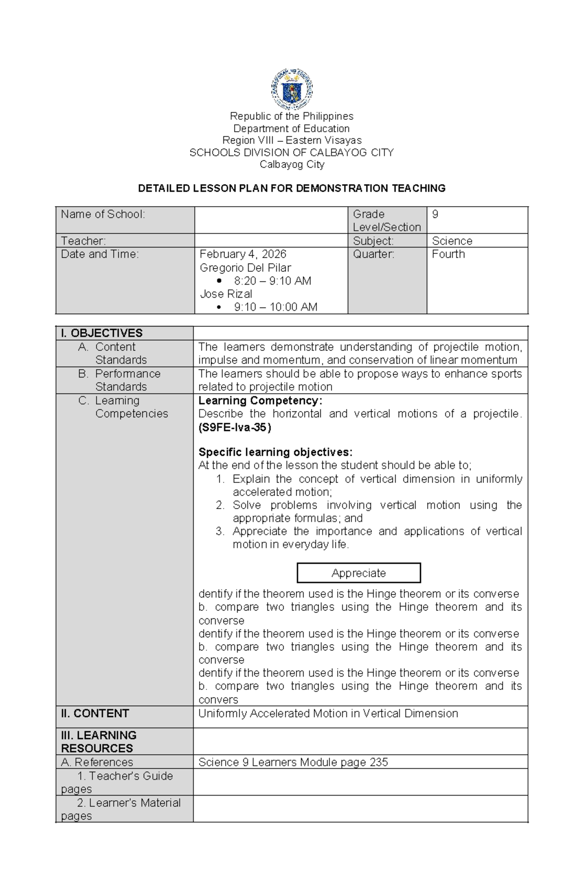 G9 Science Detailed Lesson Plan: Uniformly Accelerated Motion - Studocu