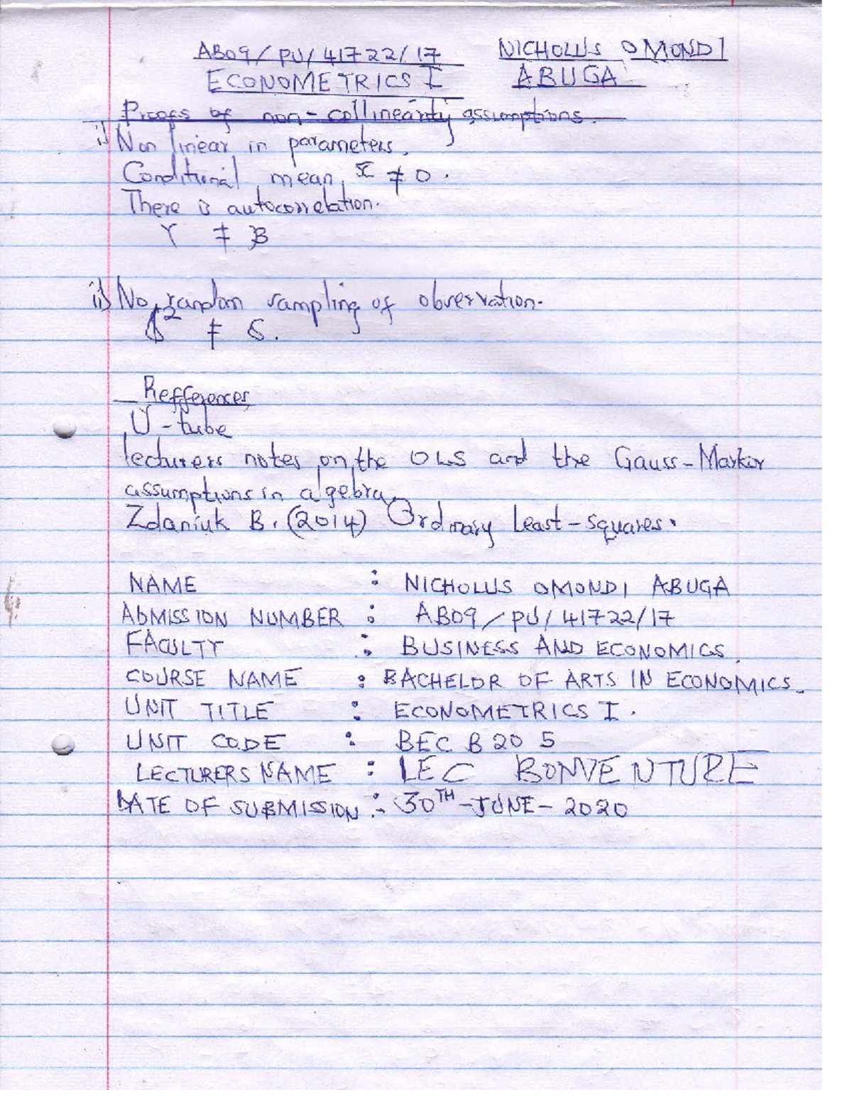 BEC B20 5 Econometrics I: Non-Linear Parameters & Assumptions Proofs ...