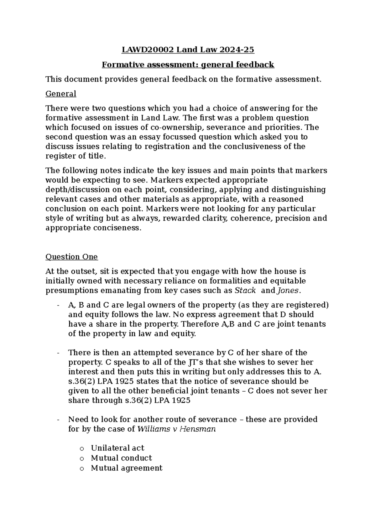 LAWD2000 2 Land Law 2024 key issues guidance - LAWD20002 Land Law 2024 ...