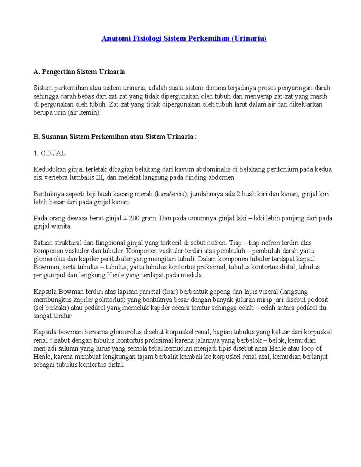 Anatomi dan Fisiologi Sistem Perkemihan: Studi Urinaria Lengkap - Studocu