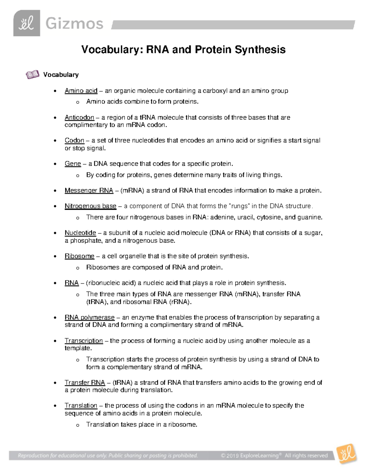 RNA and Protein Synthesis Vocabulary Notes (2019) - Key Terms Explained ...