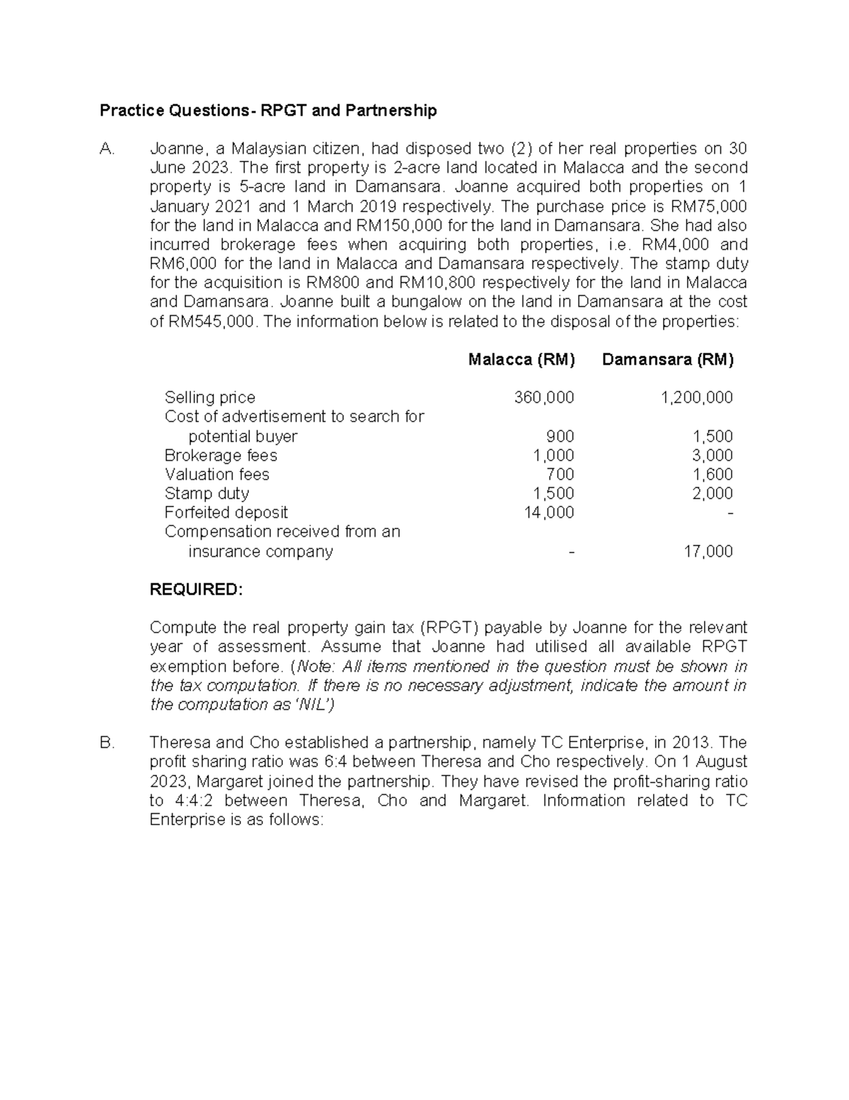 RPGT & Partnership Practice Questions - Tax Computation Insights - Studocu