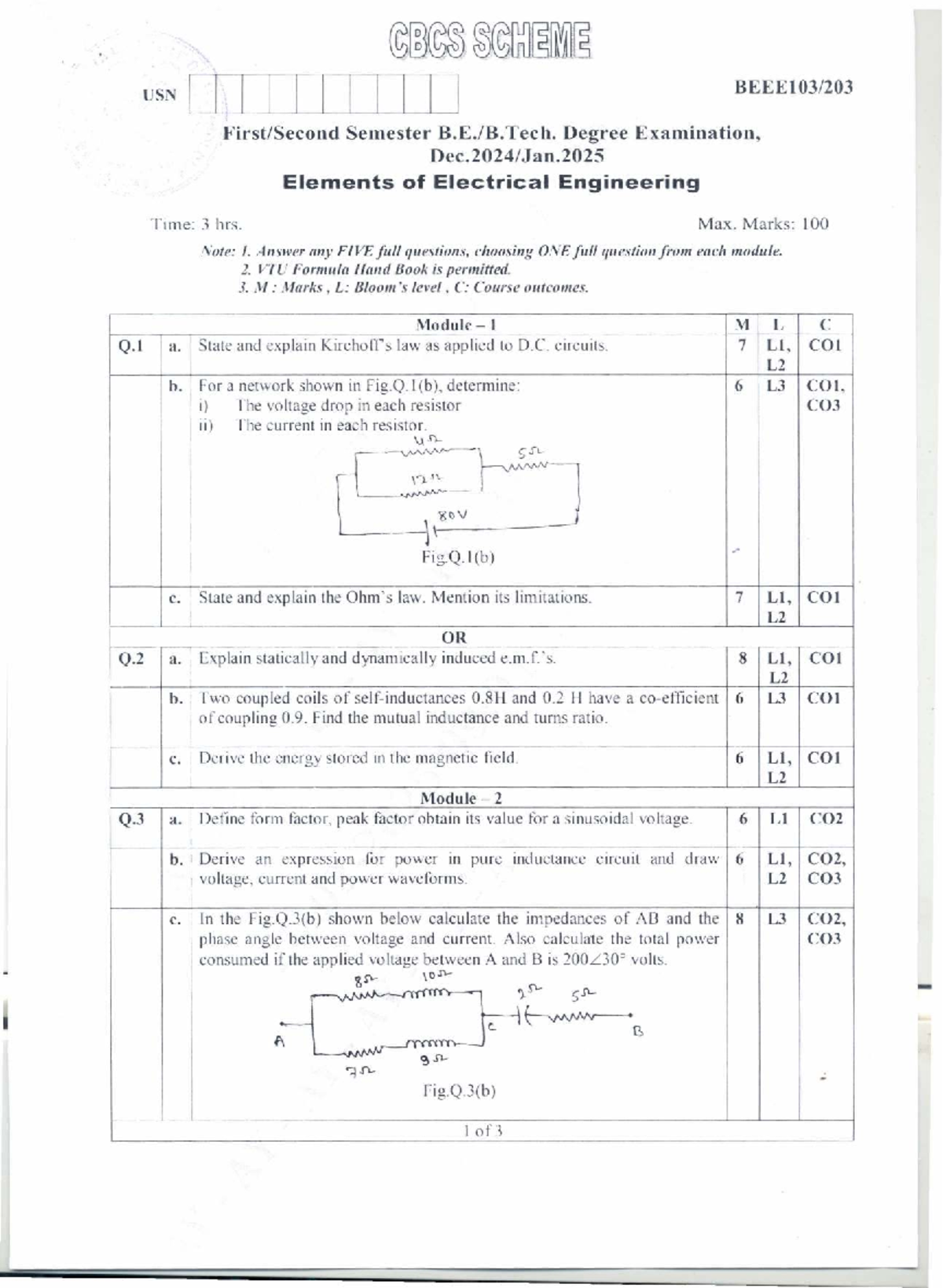 Elements of Electrical Engineering - BEEE103 - Exam Questions ...