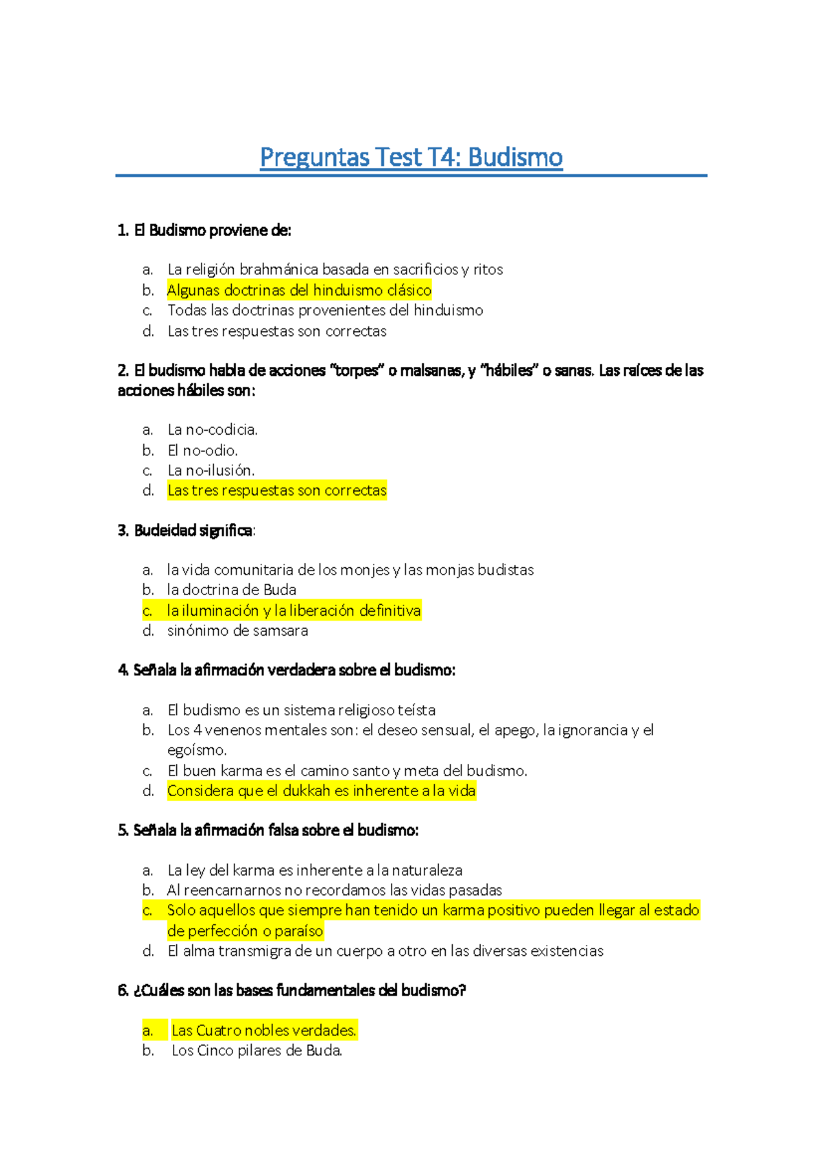 Preguntas Test T4: Budismo - Respuestas Corregidas - Studocu