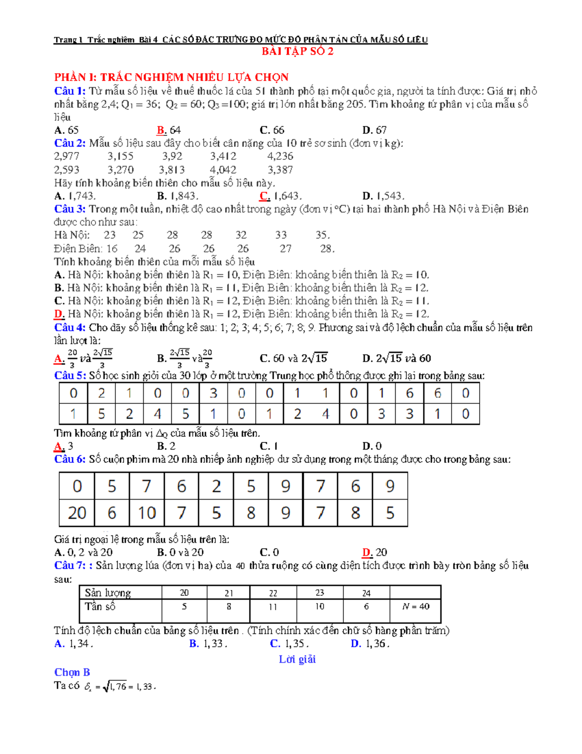 CH6 Bài 4 Trắc Nghiệm Các Số Đặc Trưng Đo Mức Độ Phân Tán - Studocu
