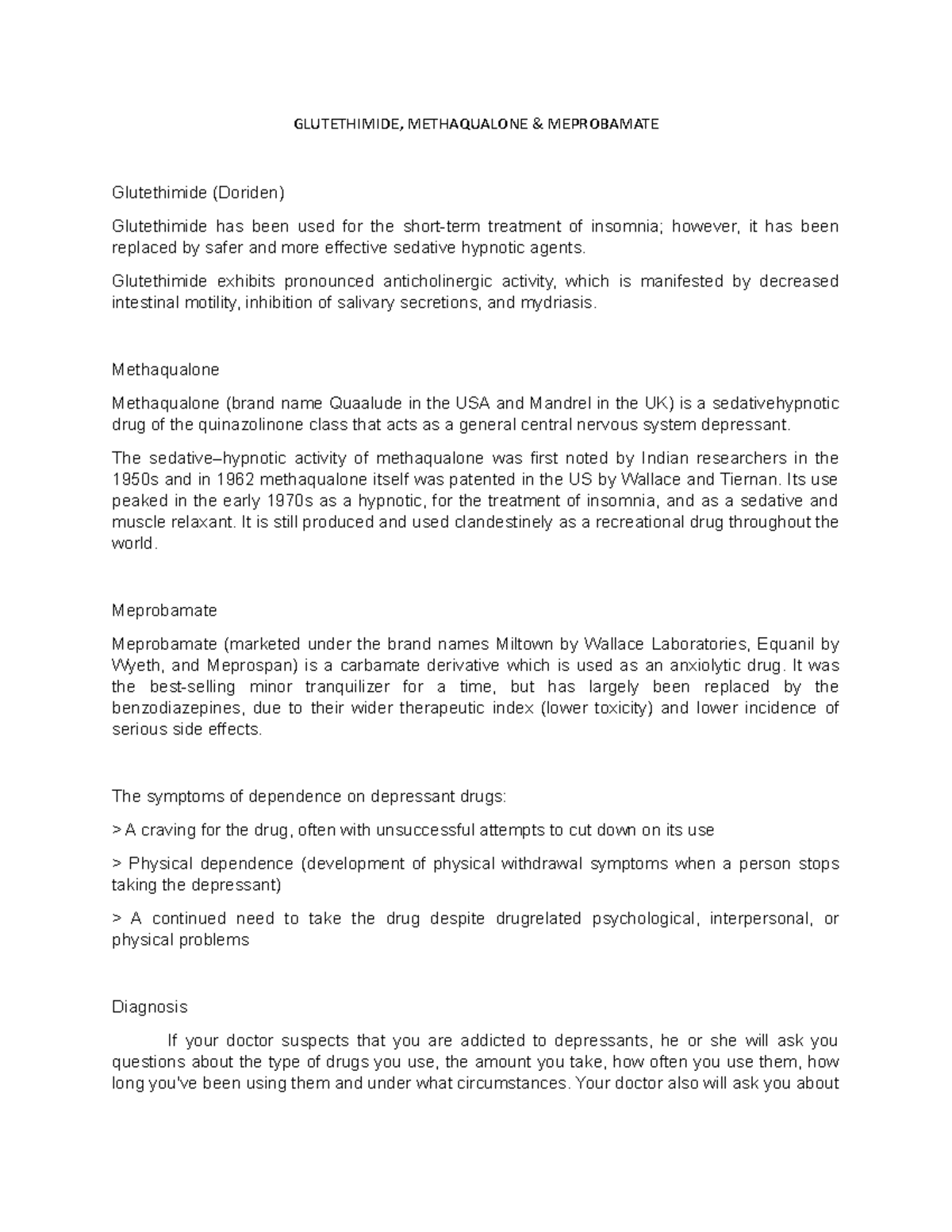Glutethimide, Methaqualone & Meprobamate - BS Psychology - Studocu