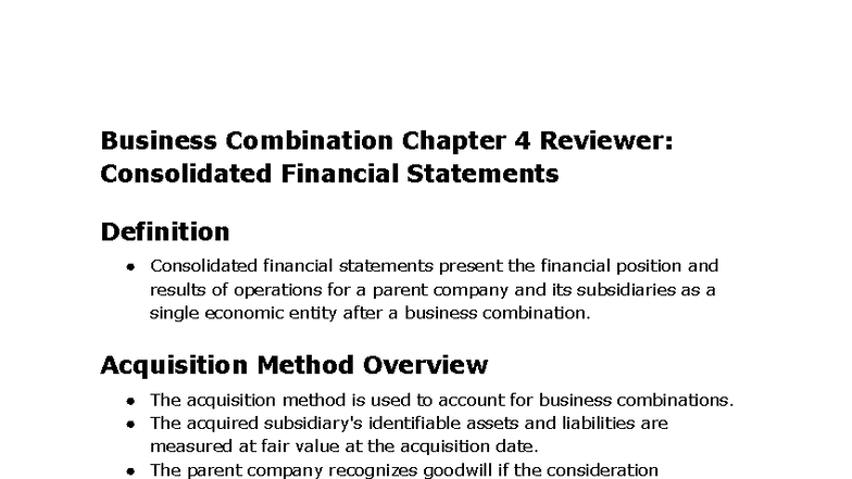 Business Combination CH4 Reviewer: Consolidated Financial Statements ...