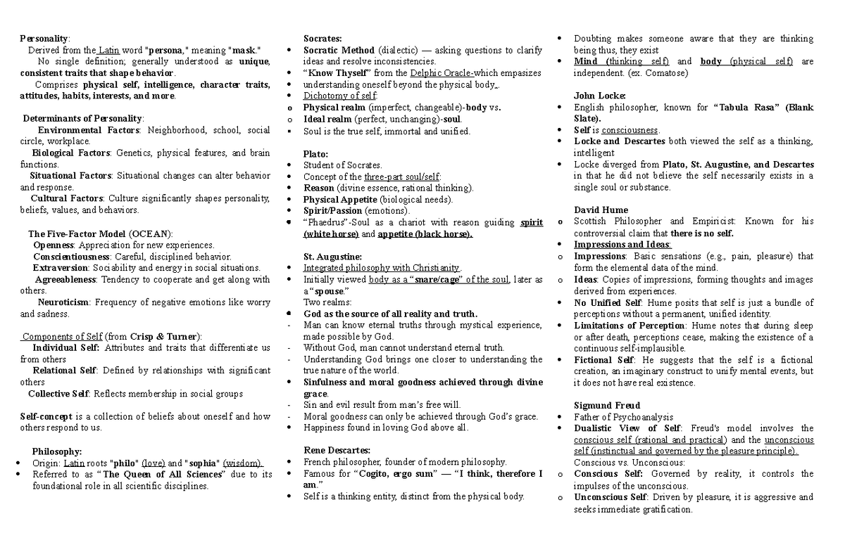 UTS - Summary of Personality and Self-Concept Theories - Studocu