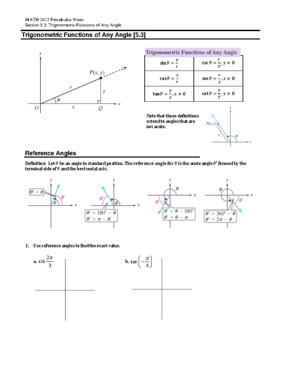 MATH 2412 Precalculus Final Exam Notes: Trigonometric Functions - Studocu