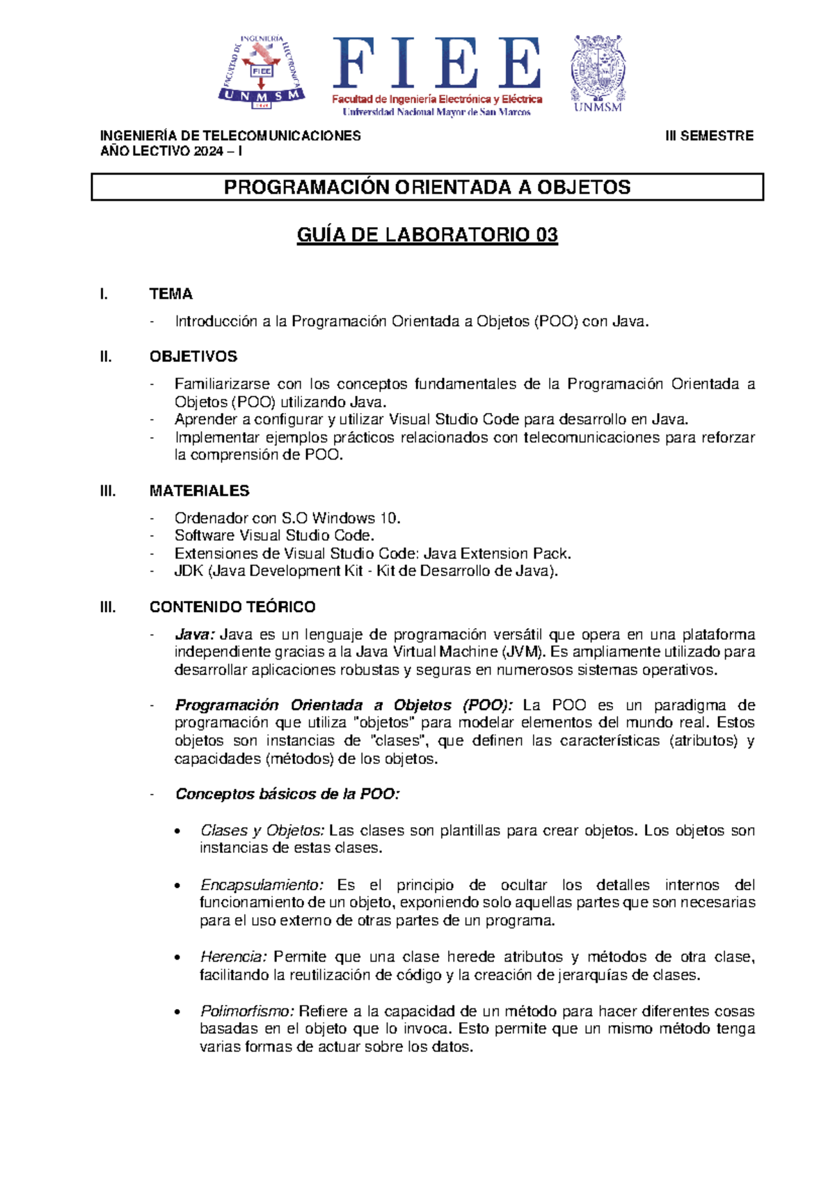 Laboratorio 03: Introducción a POO con Java 2024 - Curso de Telecomunicaciones - Studocu