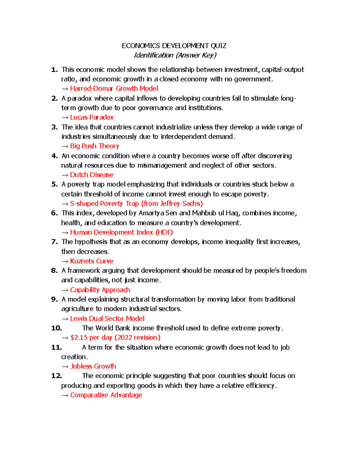 ECON 101: Economics Development Quiz #1 Answer Key - Studocu