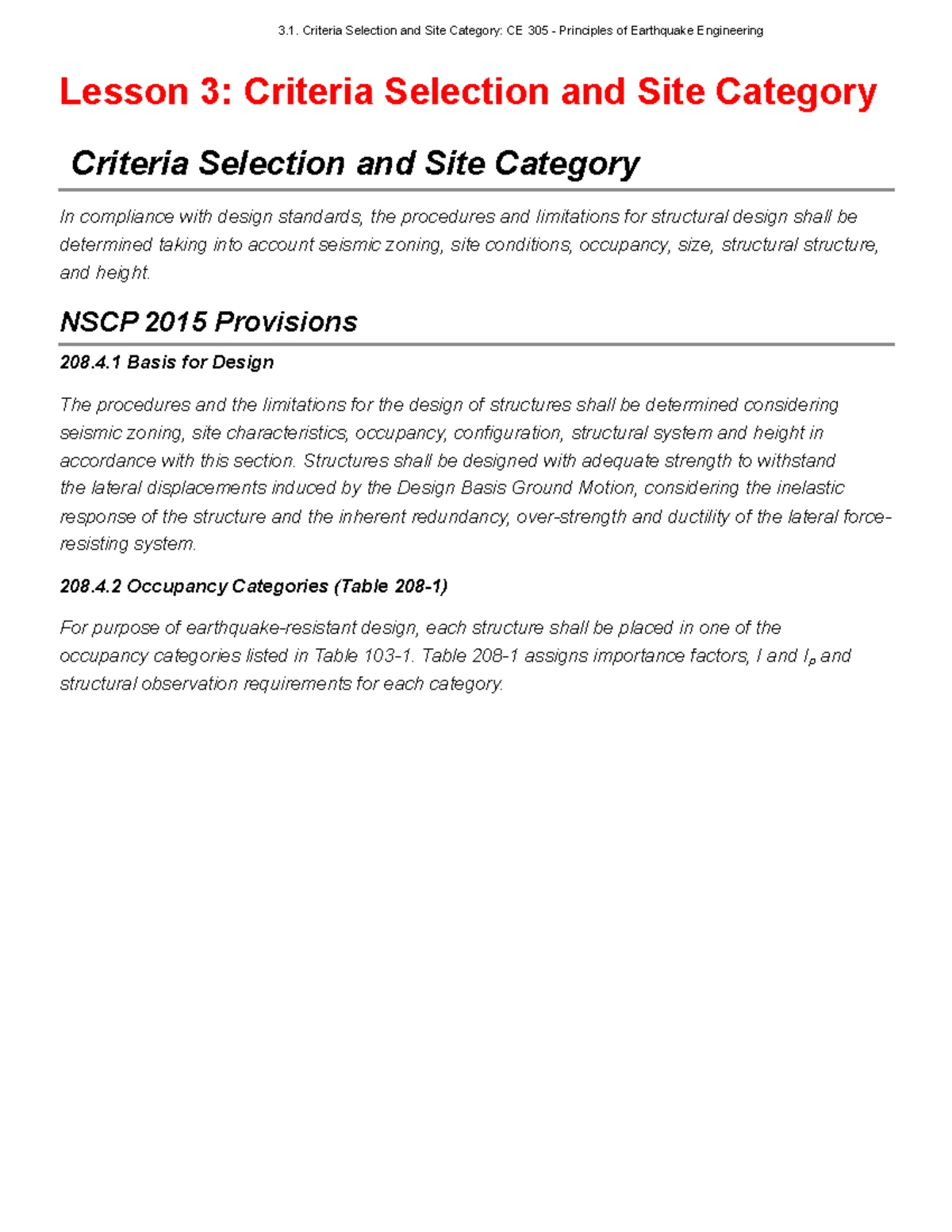 Criteria Selection and Site Category - NSCP 2015 Provisions 208.4 Basis ...