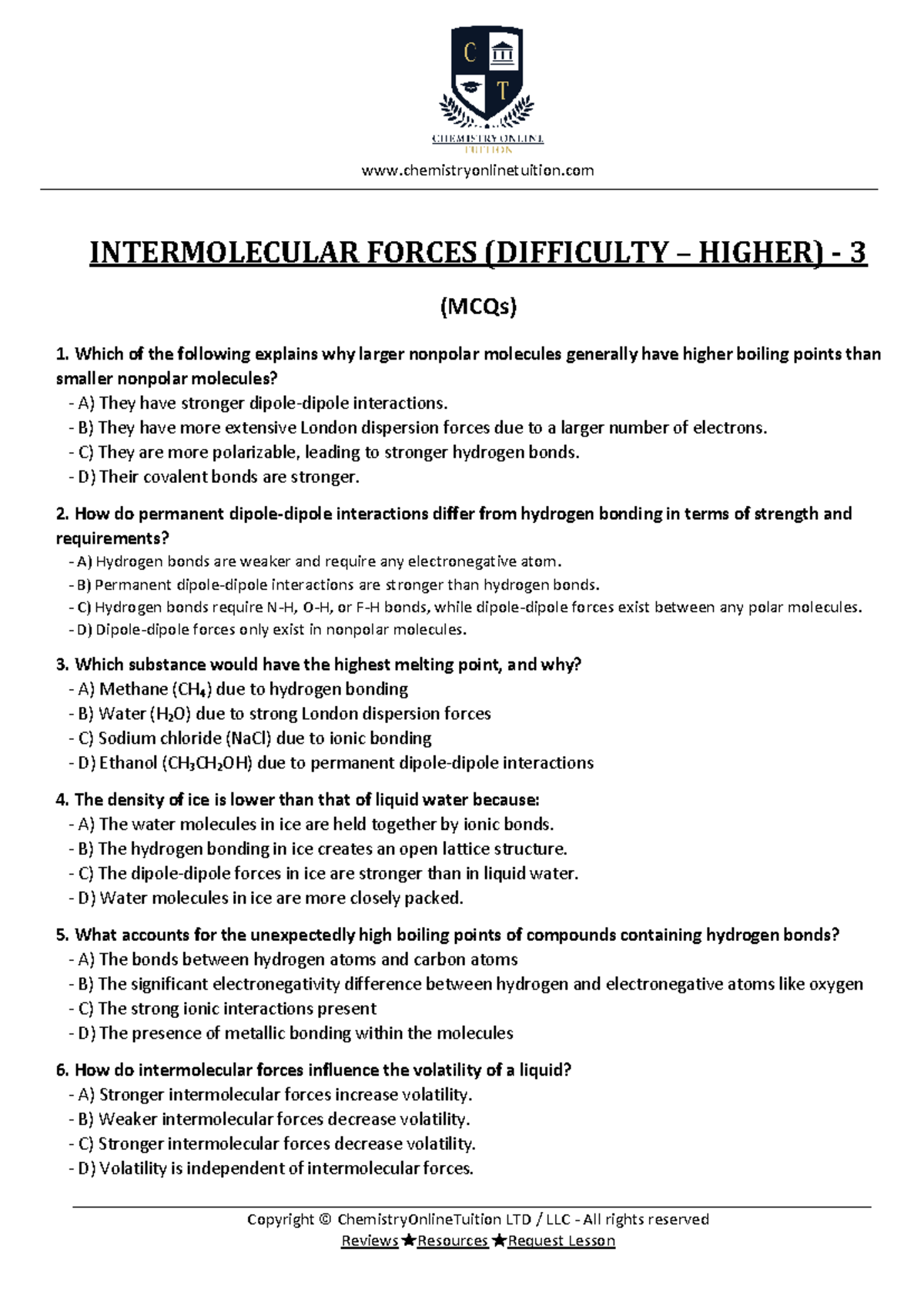 Intermolecular forces Worksheet 3 higher - Copyright ...