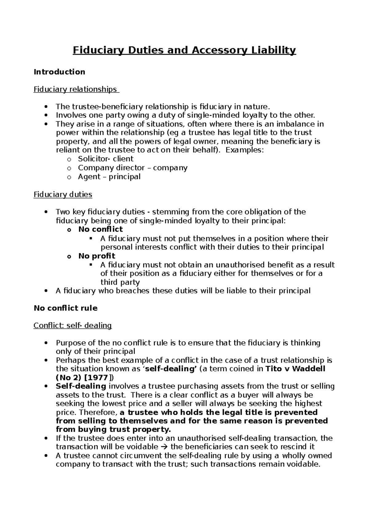 Fiduciary Duties and Accessory Liability summarised notes - Fiduciary ...