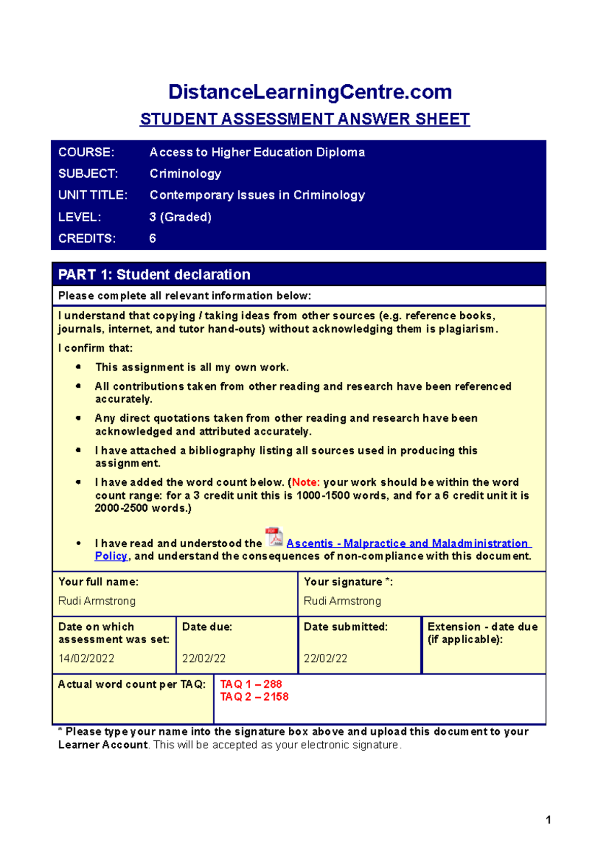 TAQs Contemporary - DDDD - “DistanceLearningCentre STUDENT ASSESSMENT ...