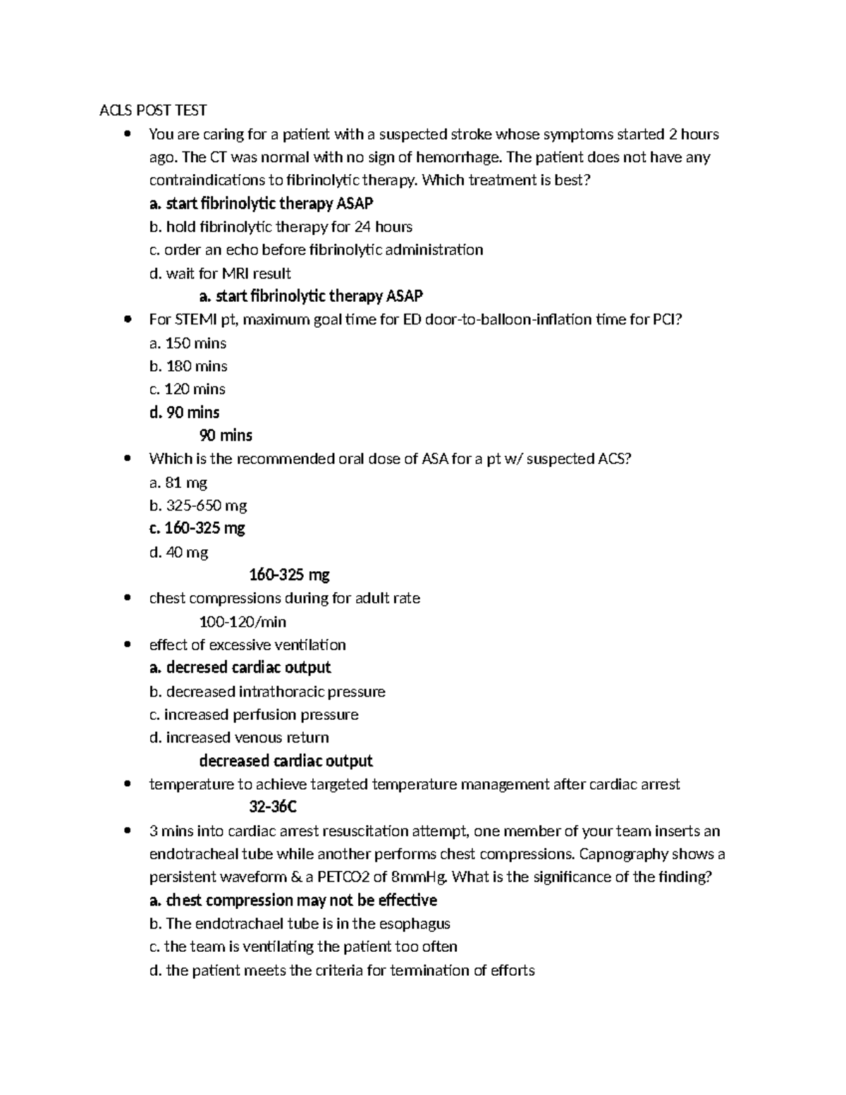 ACLS POST TEST: Key Concepts and Treatment Protocols - Studocu